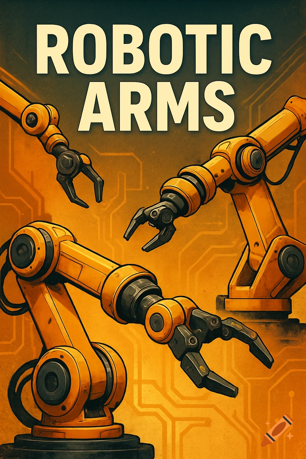 Illustration of three yellow robotic arms with grippers on an orange ...