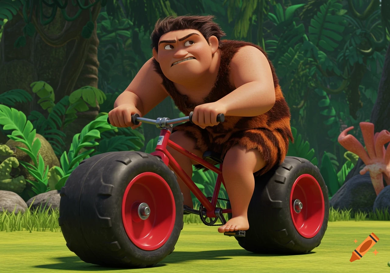 An animated caveman character resembling Grug rides a bicycle with ...