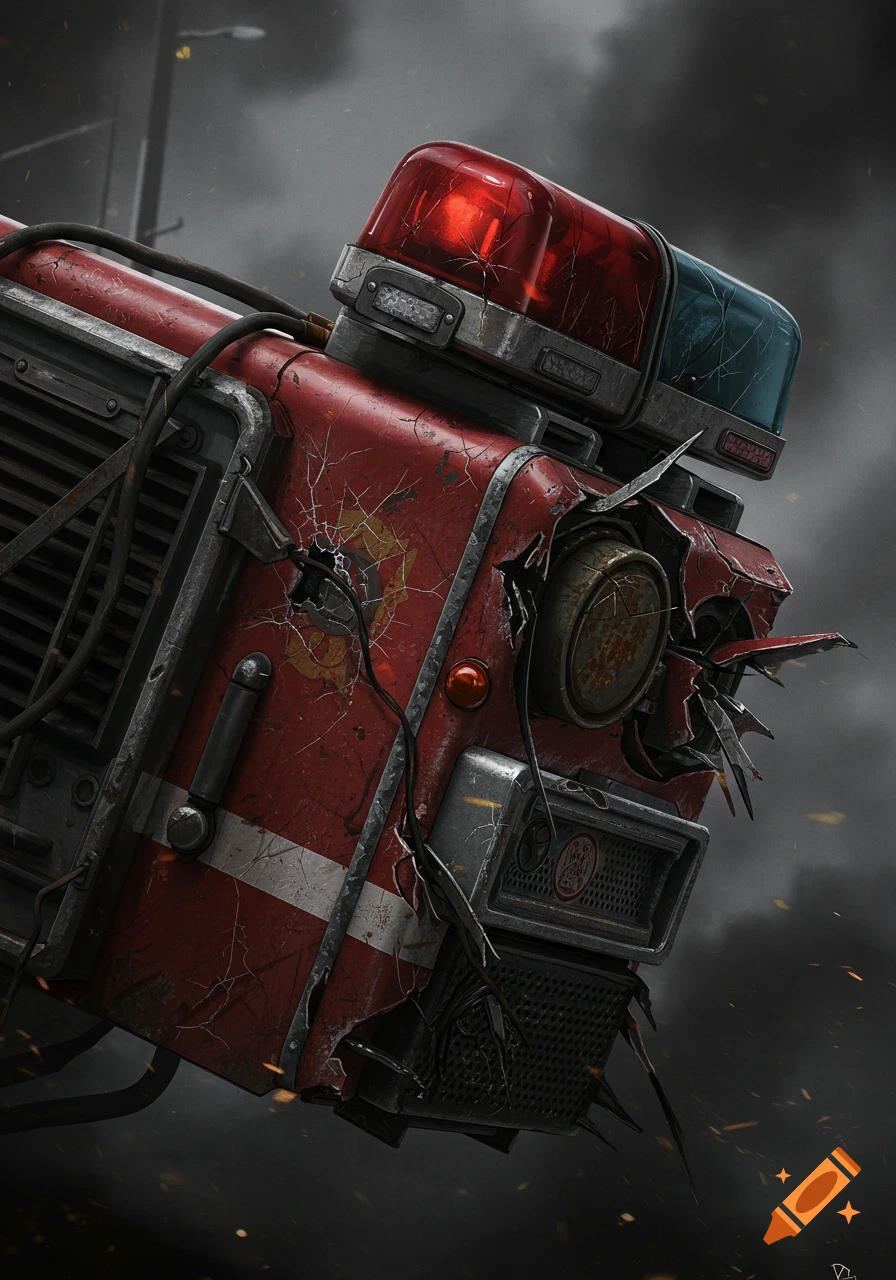 Close-up of a heavily damaged, futuristic red fire engine siren. on Craiyon