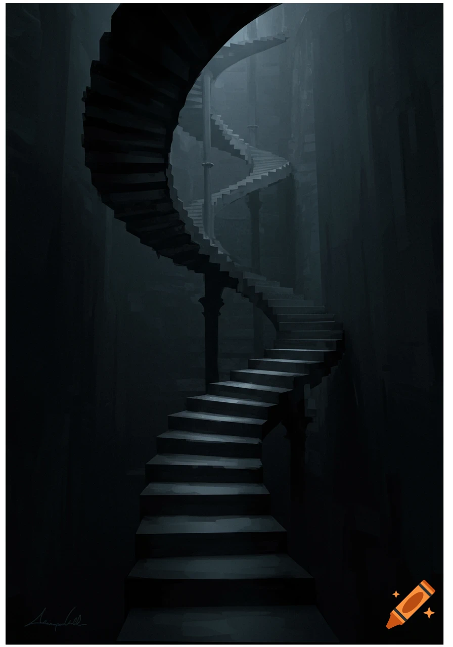 Dark, winding spiral staircase ascends into a misty, endless room. on Craiyon