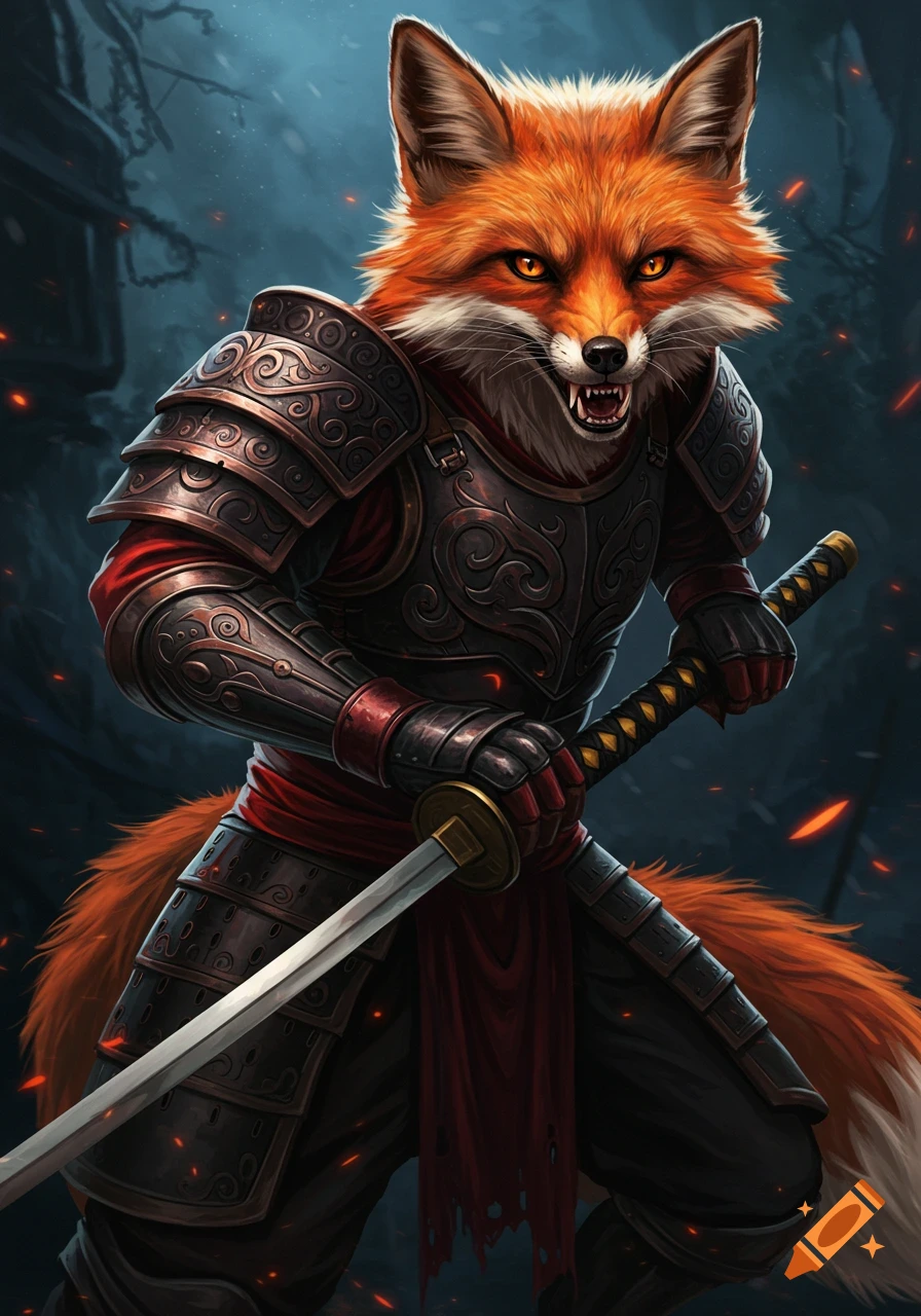 A fantasy anthro fox warrior in dark armor holds a sword. on Craiyon