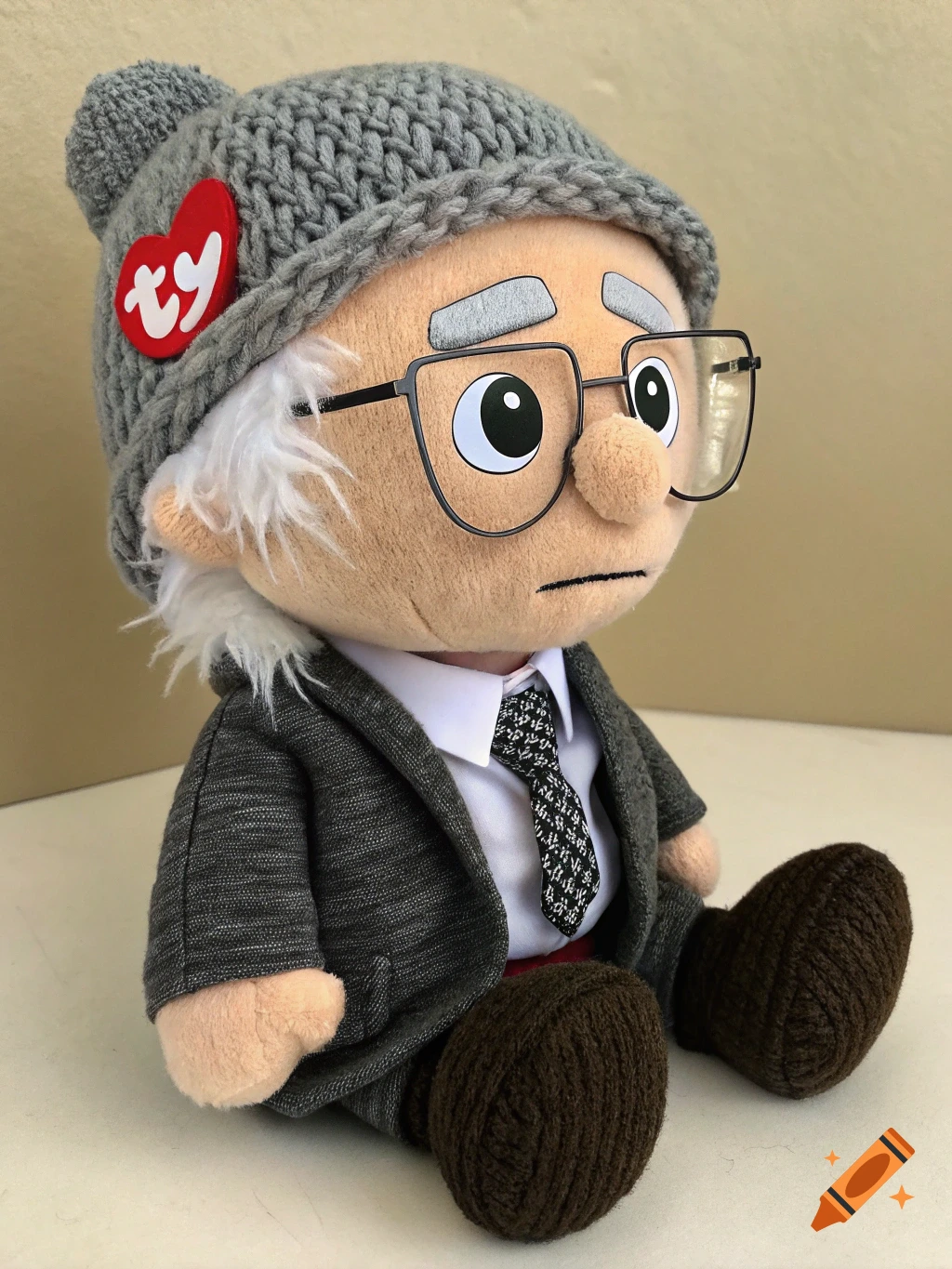 Plush toy resembling Bernie Sanders wearing a suit, tie, glasses, and ...