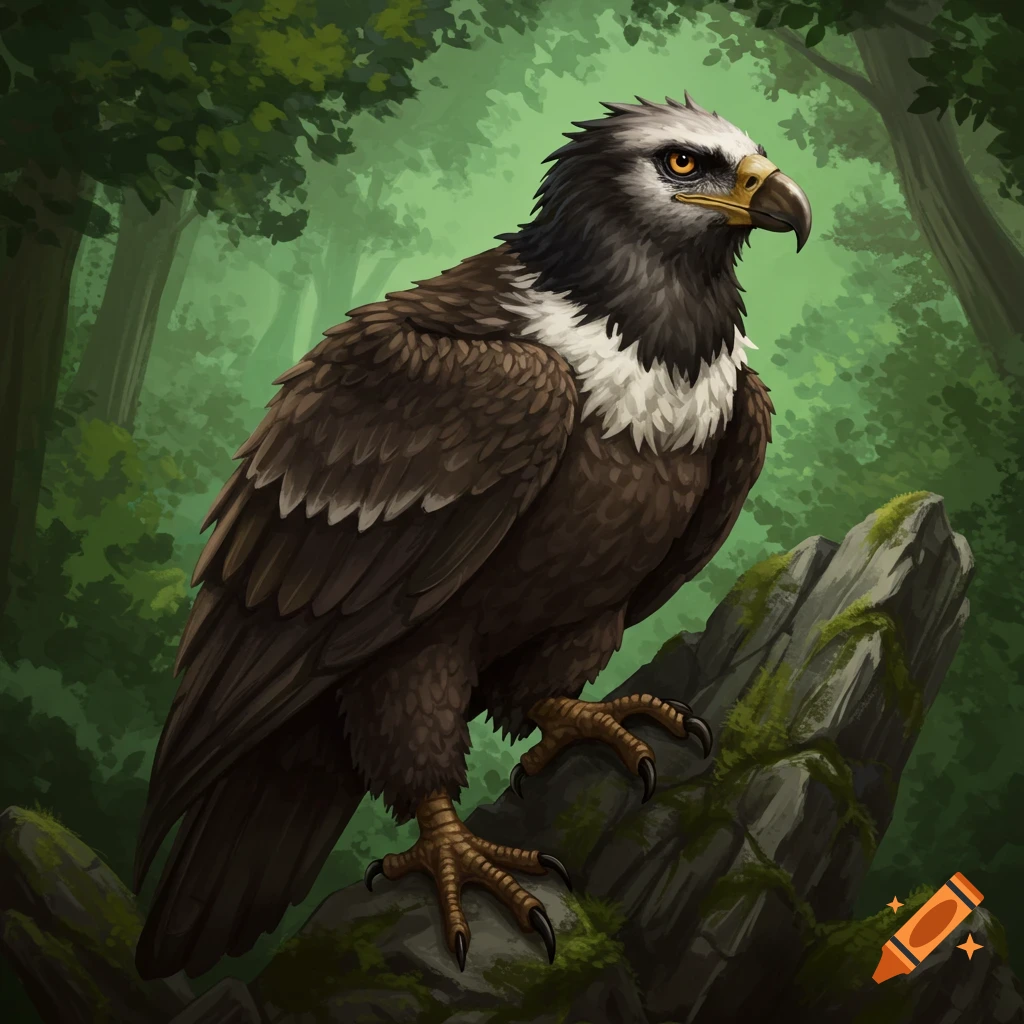 A fantasy bird creature with brown and white feathers stands on a rock ...