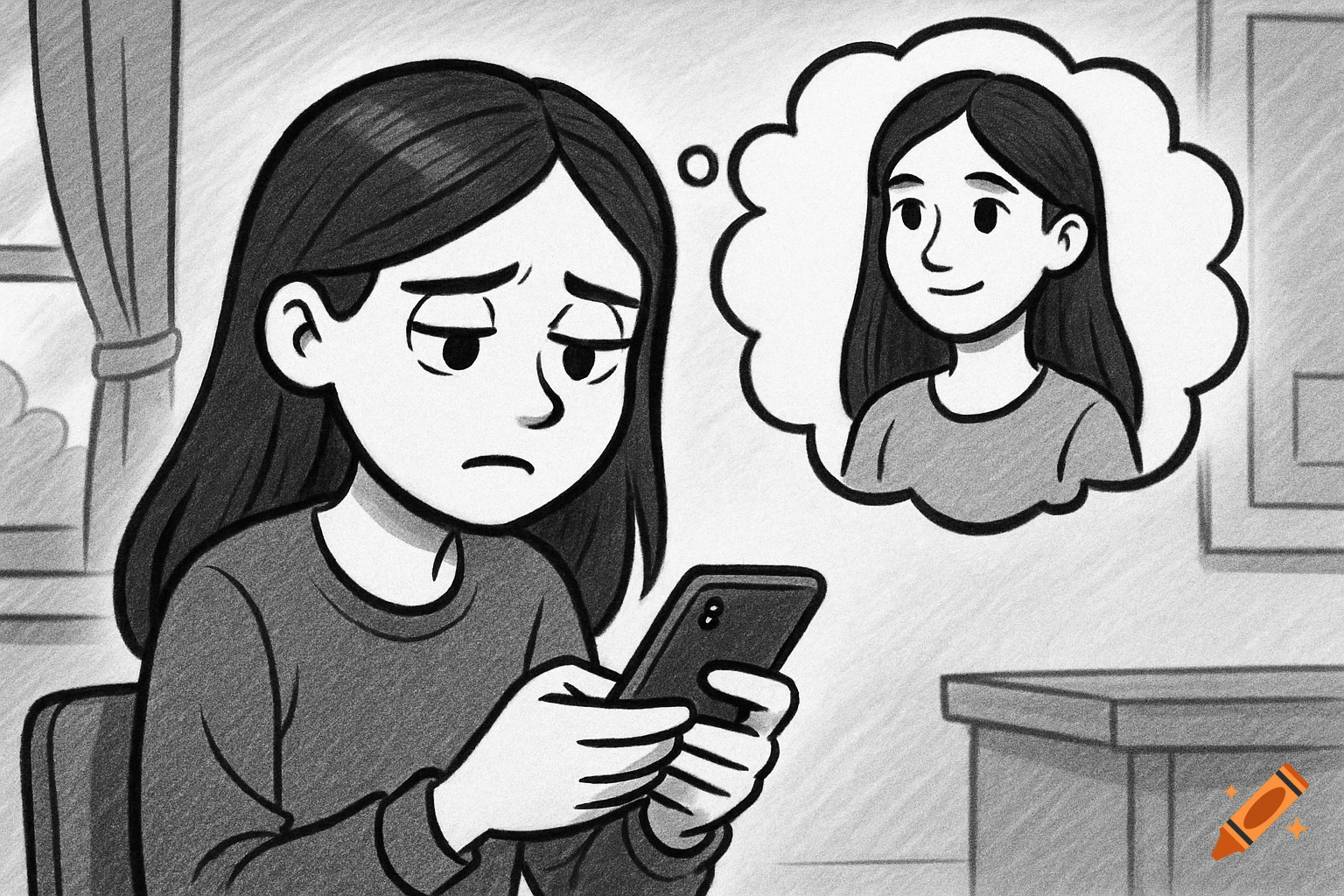 A black and white cartoon in storyboard style shows a sad teenage girl ...