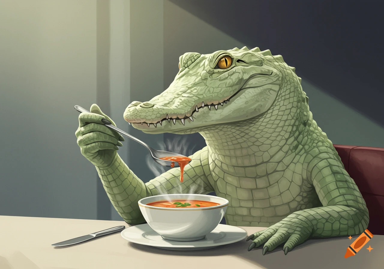 Illustration of a green alligator eating soup from a bowl. on Craiyon