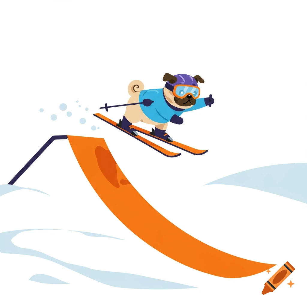 A cartoon pug wearing ski gear jumps off a ramp on skis. on Craiyon