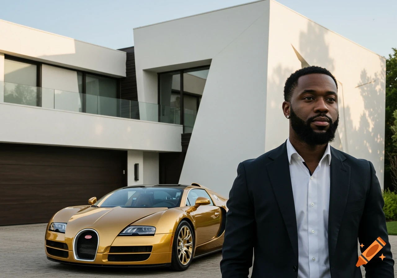 A Black man stands next to a gold Bugatti Veyron in front of a ...