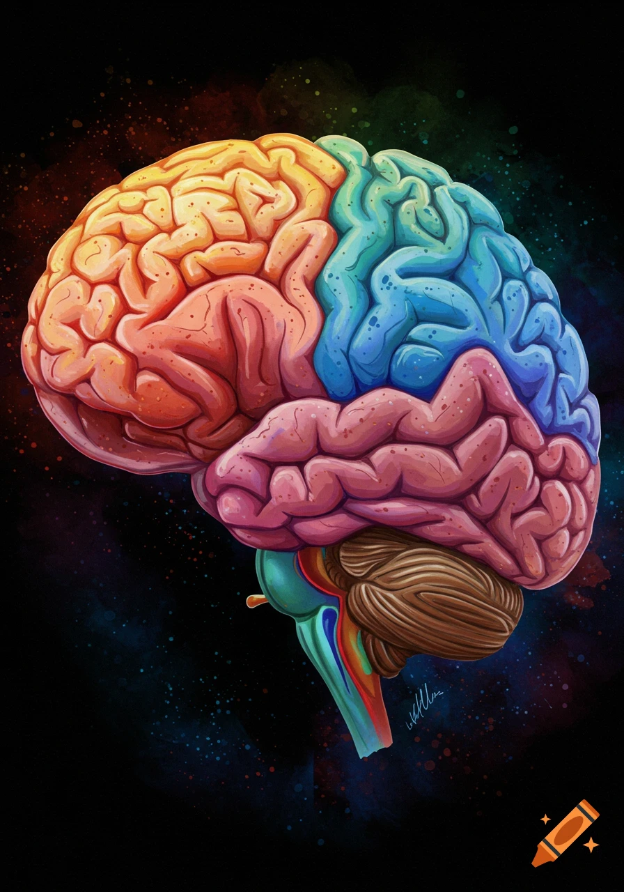 Colorful illustration of a human brain with different parts colored ...