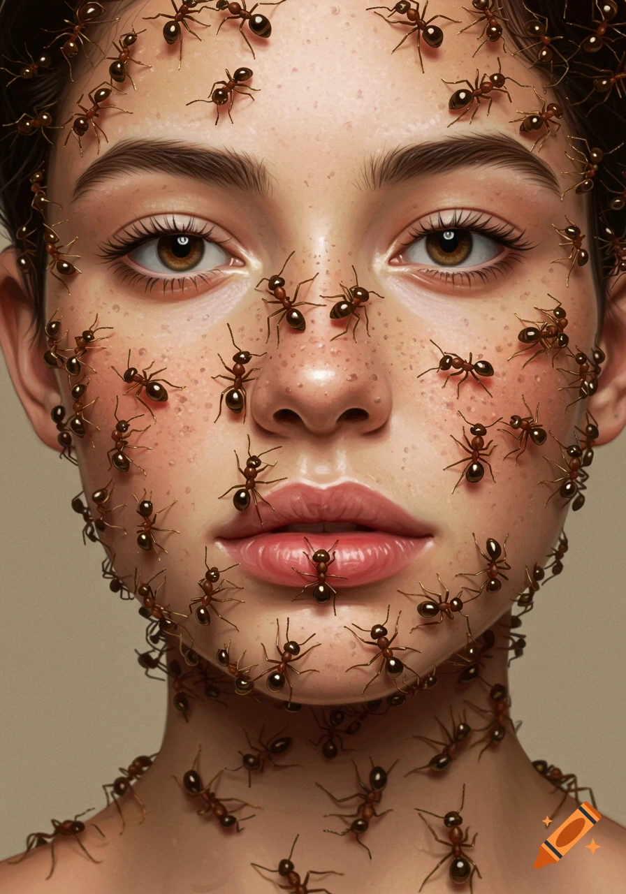 A close-up portrait of a person with ants crawling on their face. on ...