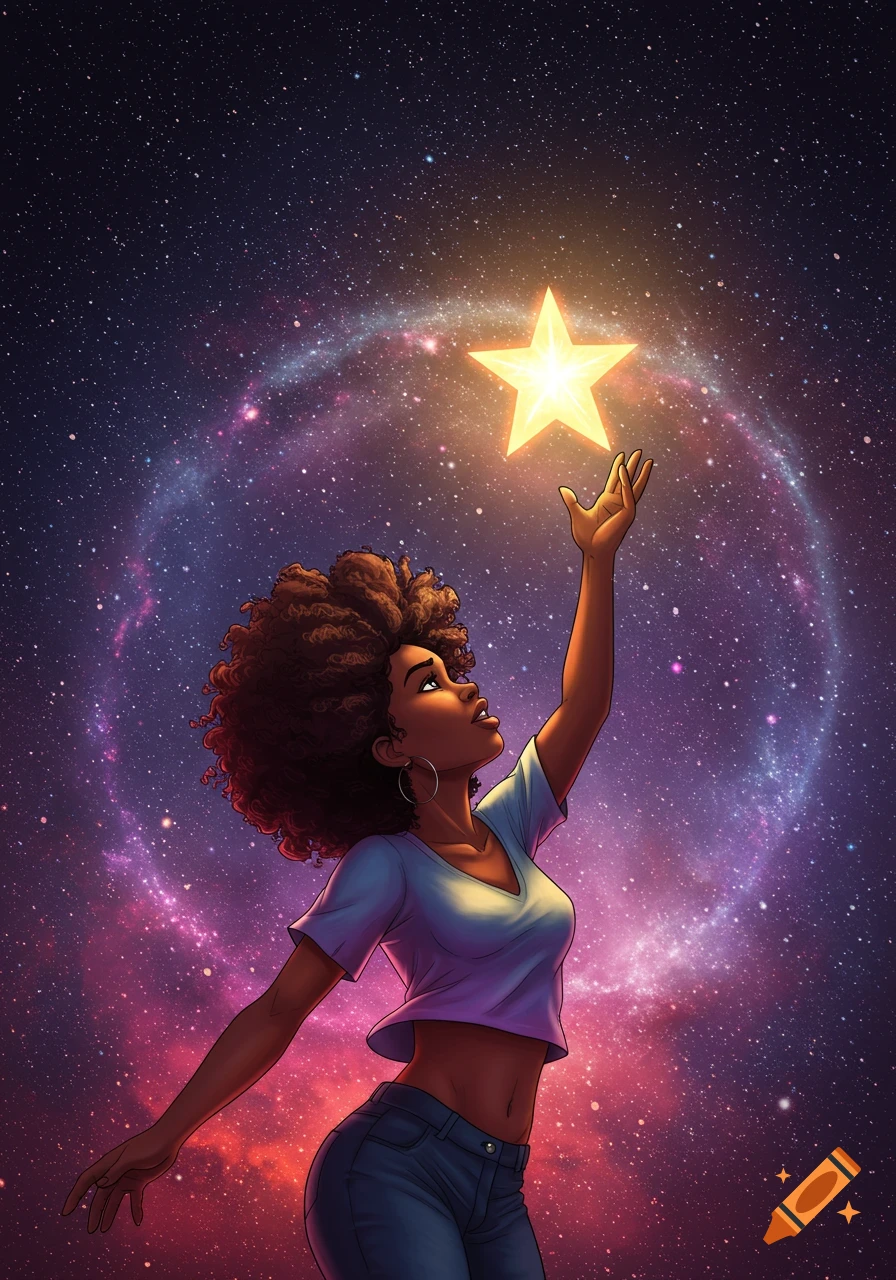 Woman reaching for a star in a starry galaxy sky, illustration. on Craiyon