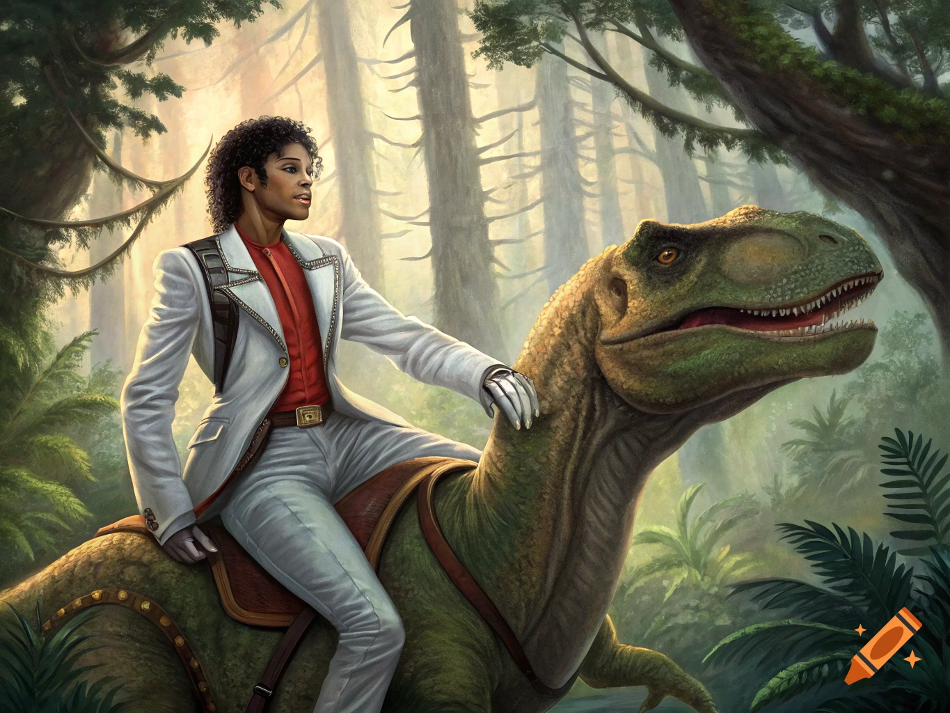 An illustration of Michael Jackson riding a Tyrannosaurus Rex in a ...