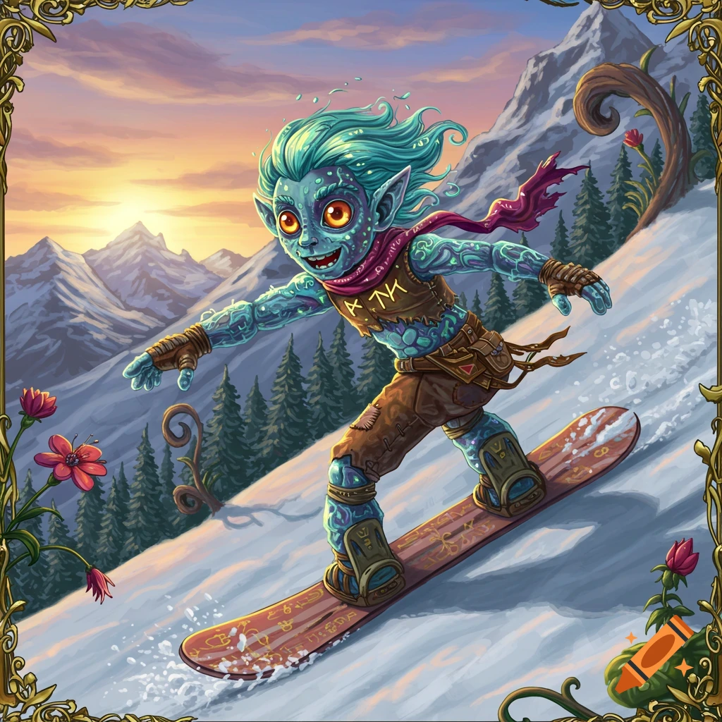 Alchemical-style creature snowboarding down a snowy mountain slope at ...