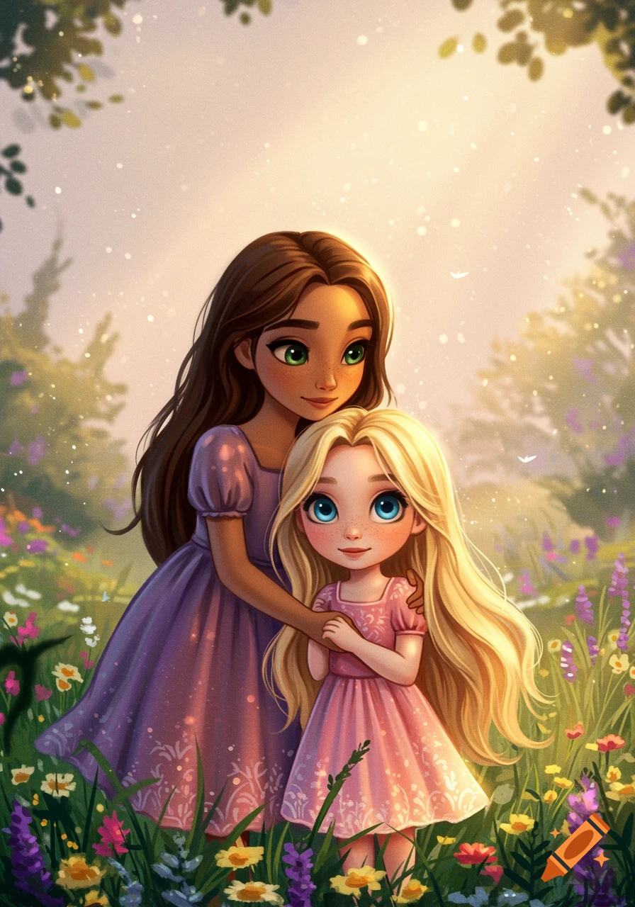 Two cartoon girls in dresses stand in a field of flowers in a fantasy ...
