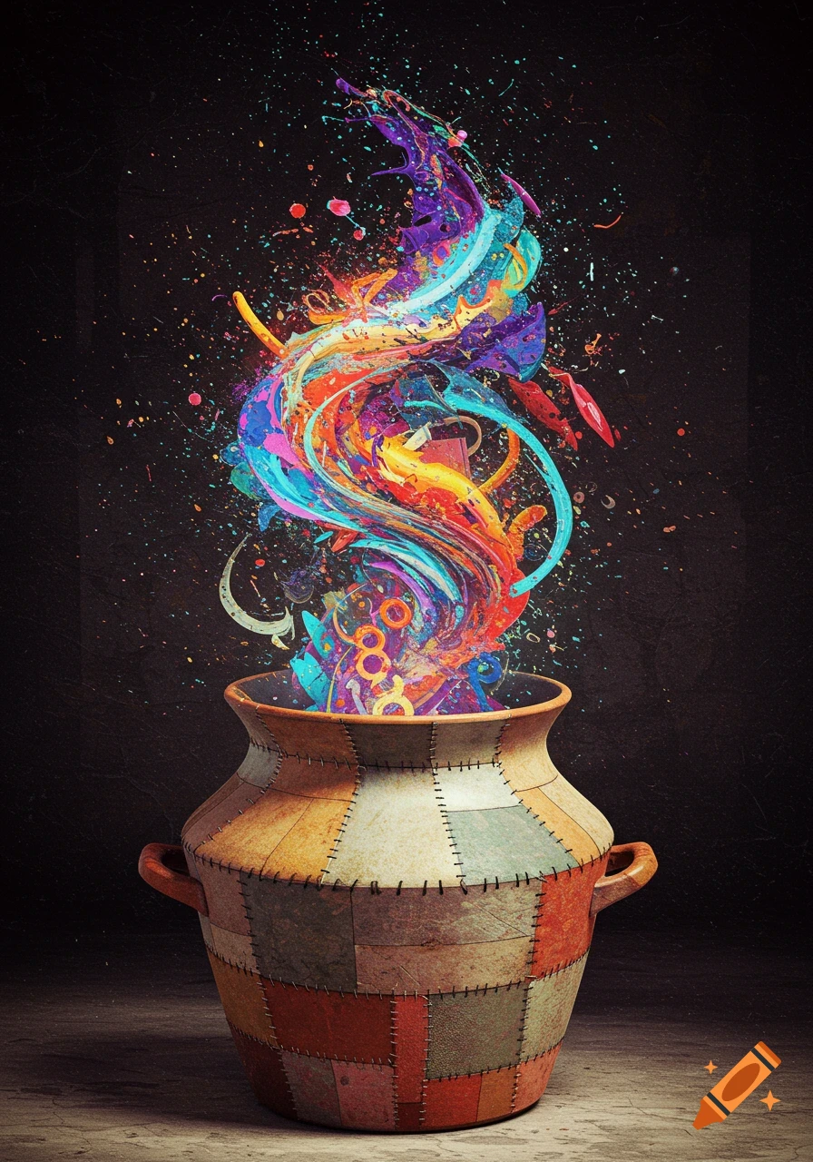 Textured pot with vibrant, abstract paint splash against dark ...