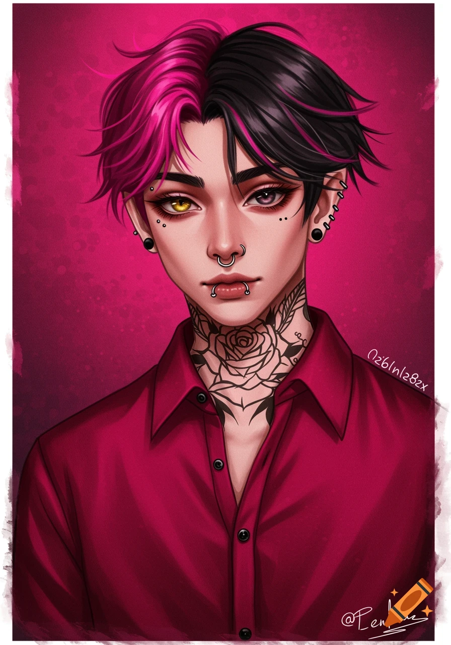Digital illustration portrait of a person with split pink and black ...