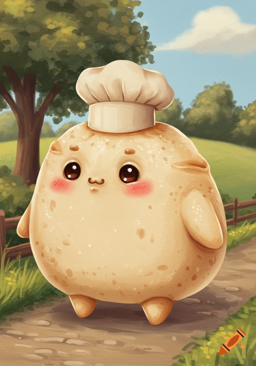 A cute, round, potato-like creature wearing a chef hat walks on a path ...