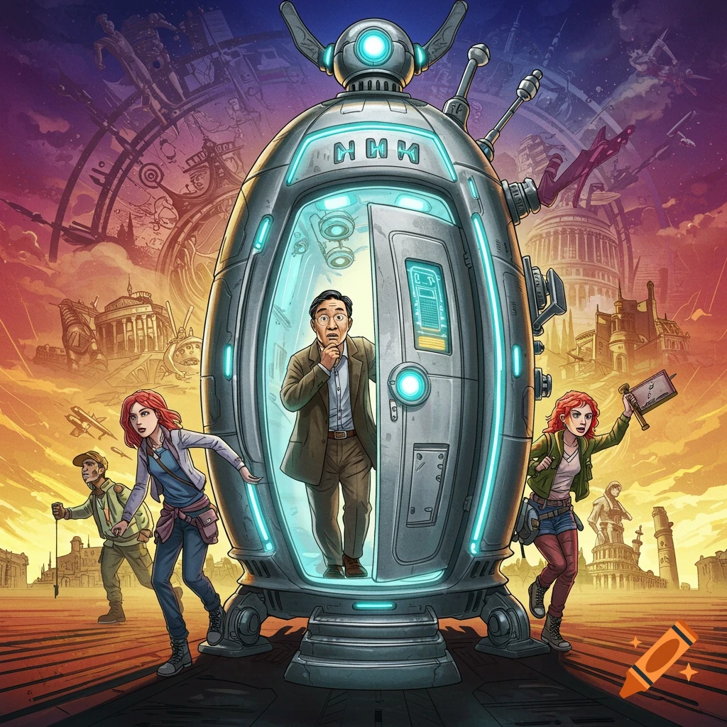 Illustrative depiction of a time machine with people inside and out ...