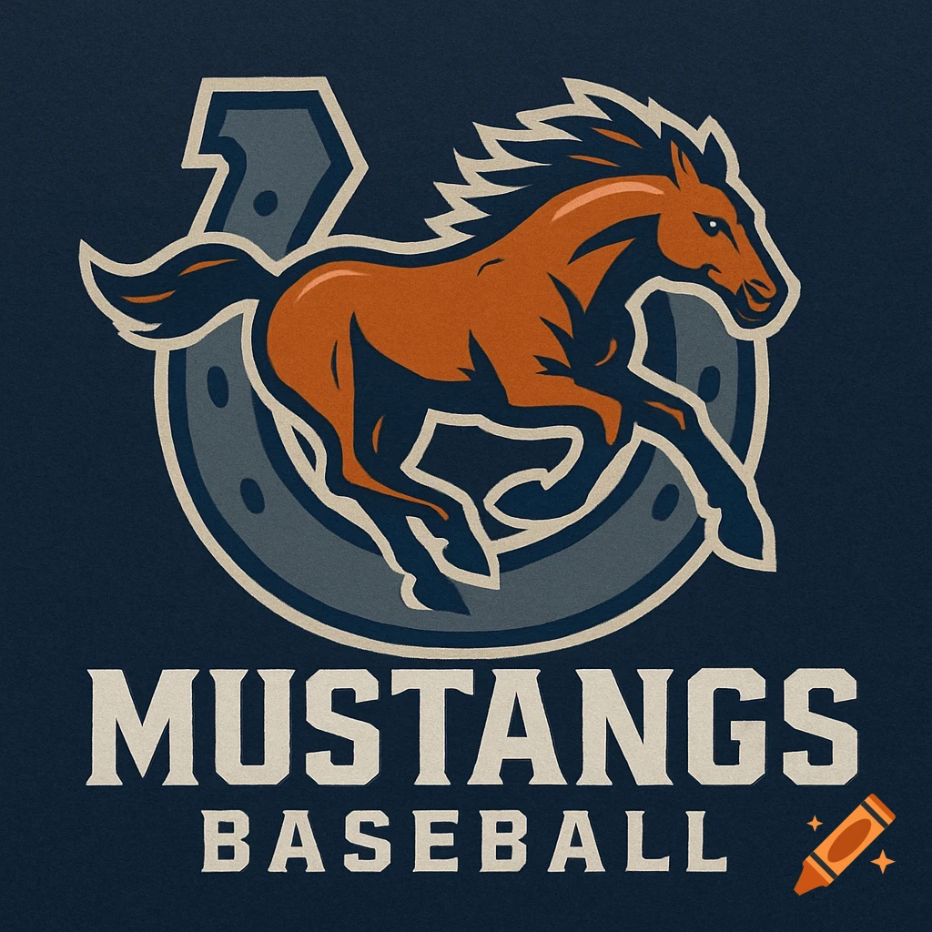 Sports logo featuring a mustang running over a horseshoe and the text ...