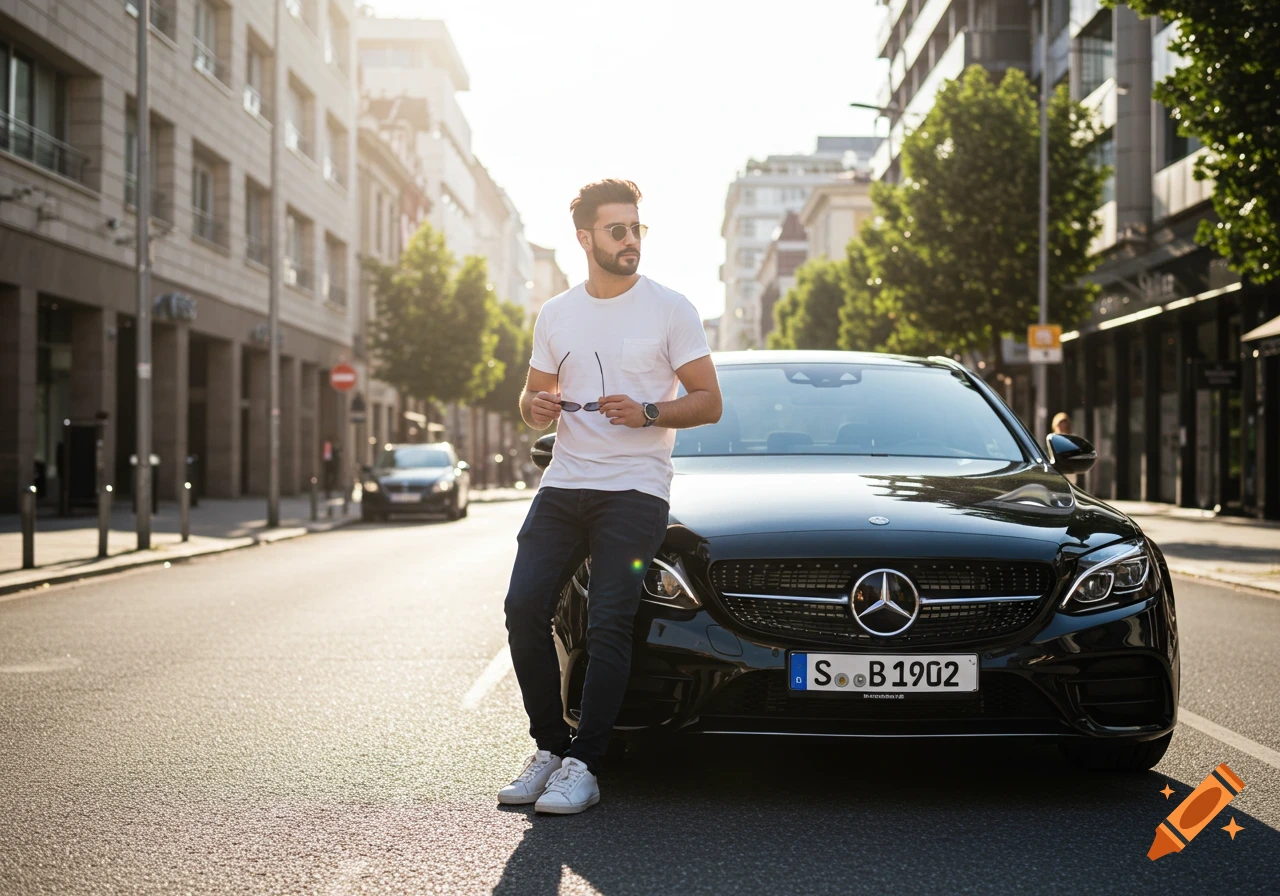 A man stands next to a black Mercedes-Benz on a sunny city street ...