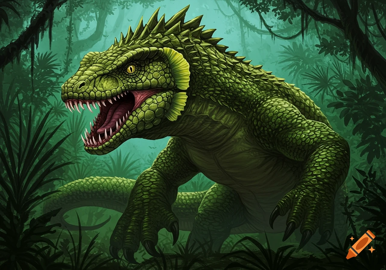 Detailed illustration of a green scaled reptilian creature with sharp ...