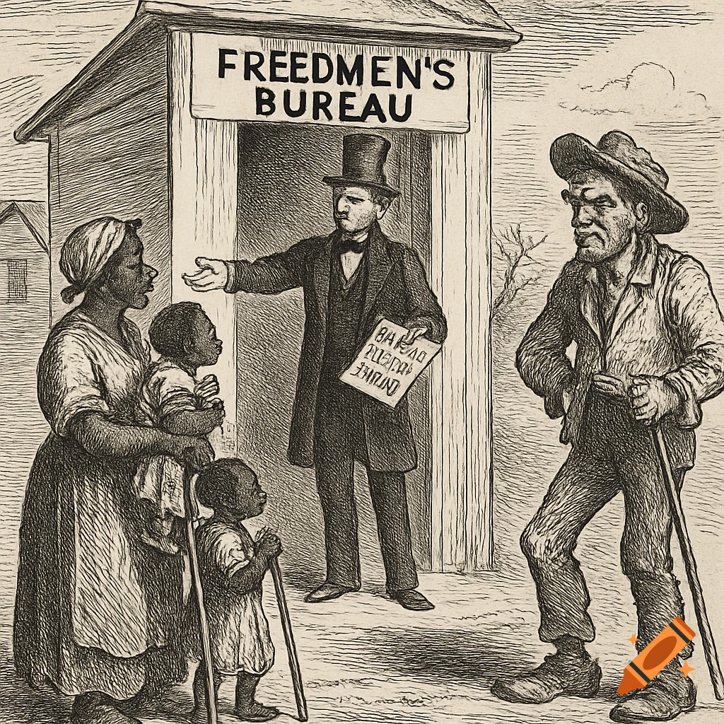 Sketch of people outside a building labeled "Freedmen's Bureau" on Craiyon