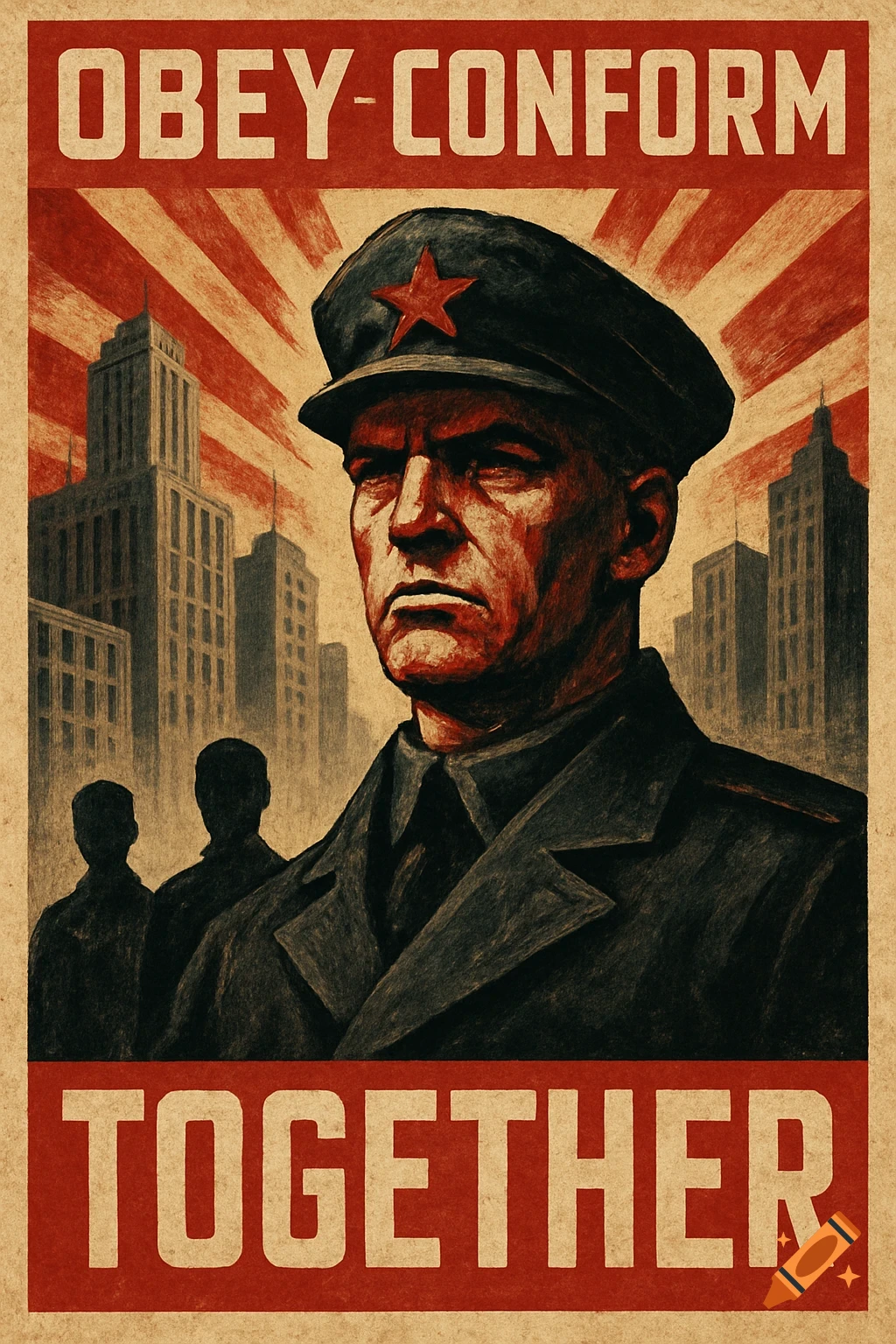 Dystopian propaganda poster with a stern figure, buildings, and text ...
