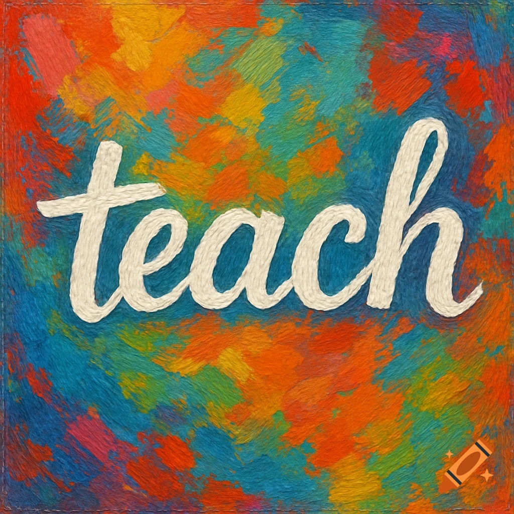 The word 'teach' in script font on a colorful abstract painted ...