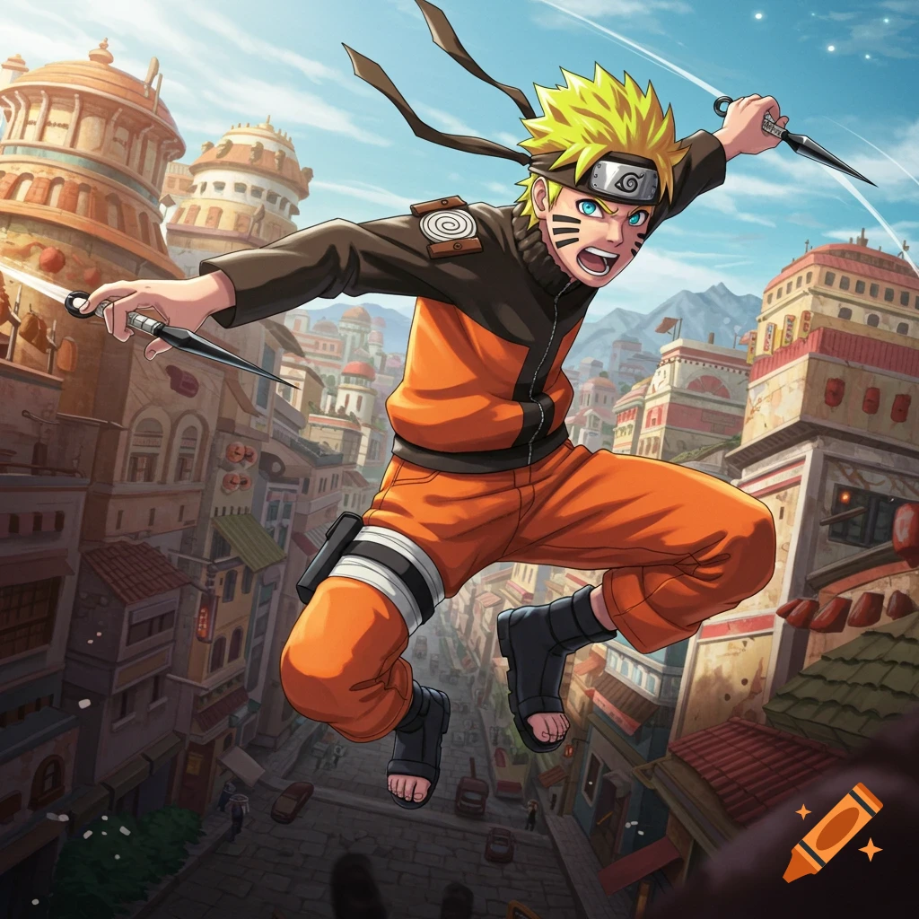 Naruto Uzumaki jumps through the air with kunai knives over a village ...
