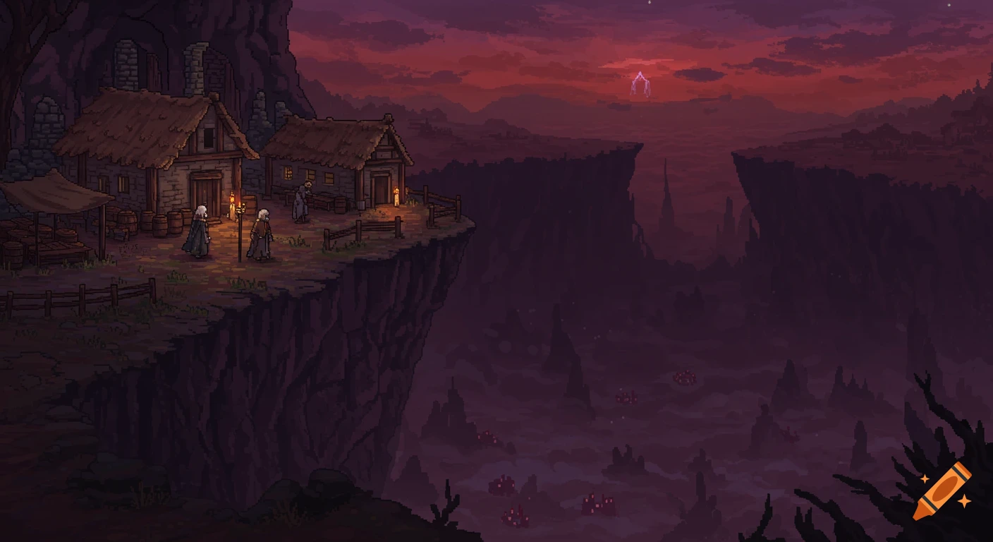 Pixel art fantasy village on a cliff edge overlooking a dark abyss at ...
