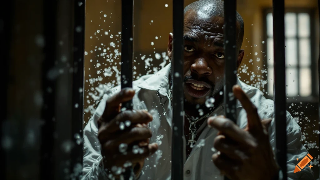 Man covered in liquid squeezing through prison bars in a dramatic, photorealistic style. on Craiyon