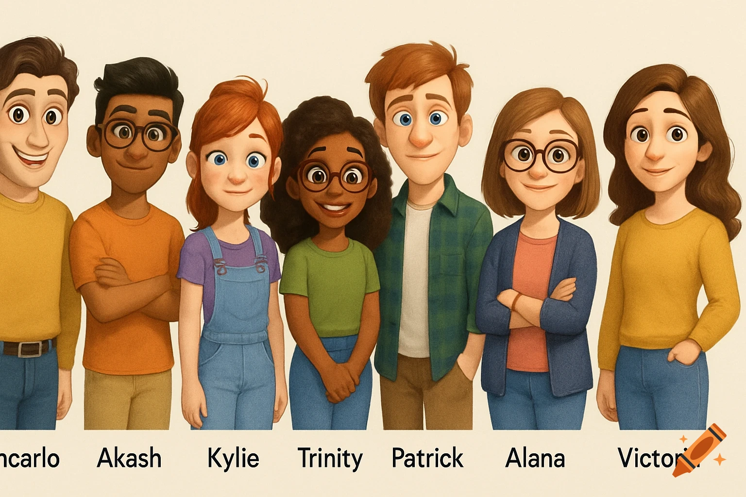 Group portrait of seven cartoon people in Pixar style with names ...