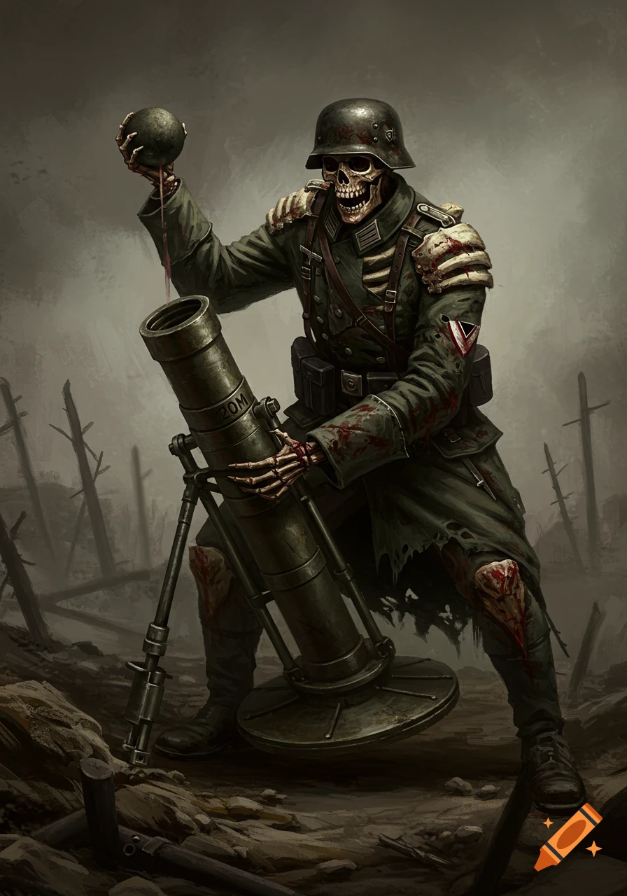 A skeletal soldier in a tattered uniform stands in a war-torn landscape ...