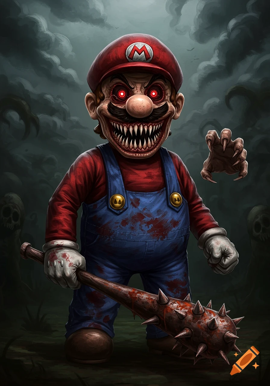 A horror-style illustration of a monstrous Mario with sharp teeth and ...