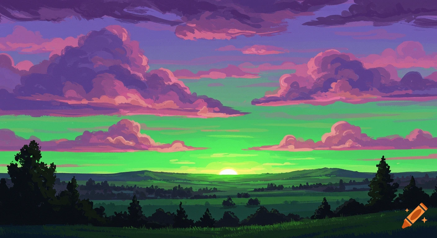 A painterly landscape of a green sunset over hills with a purple cloudy ...