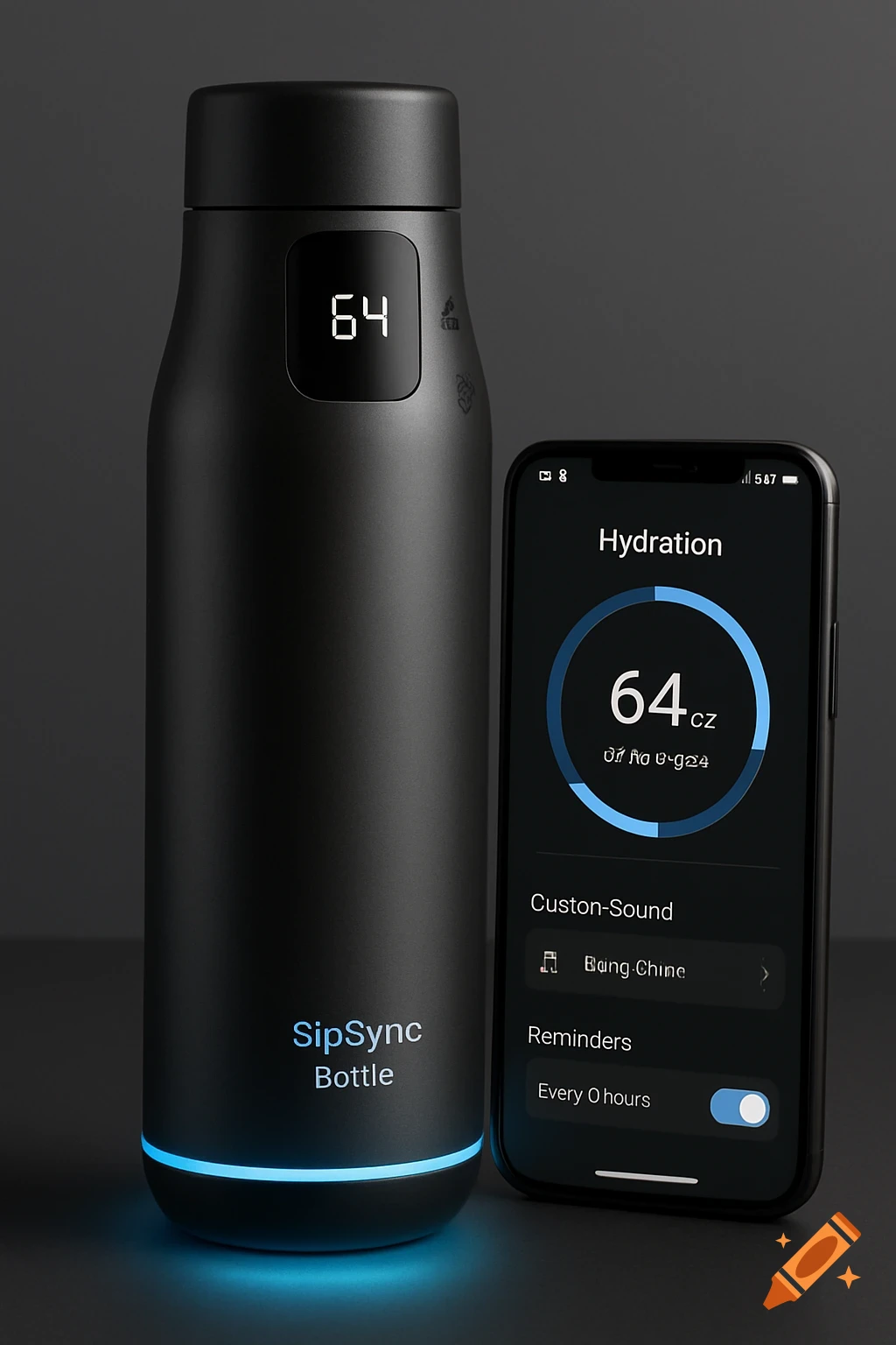 Matte black smart water bottle with glowing base next to phone showing ...