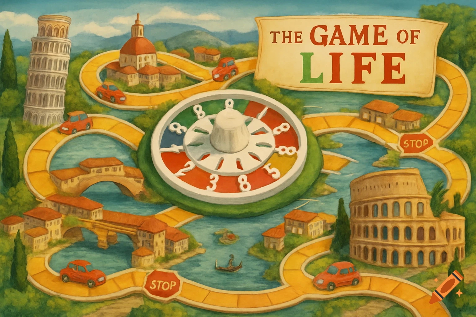 An illustrated board game styled after Italy, featuring landmarks like the Leaning Tower and ...