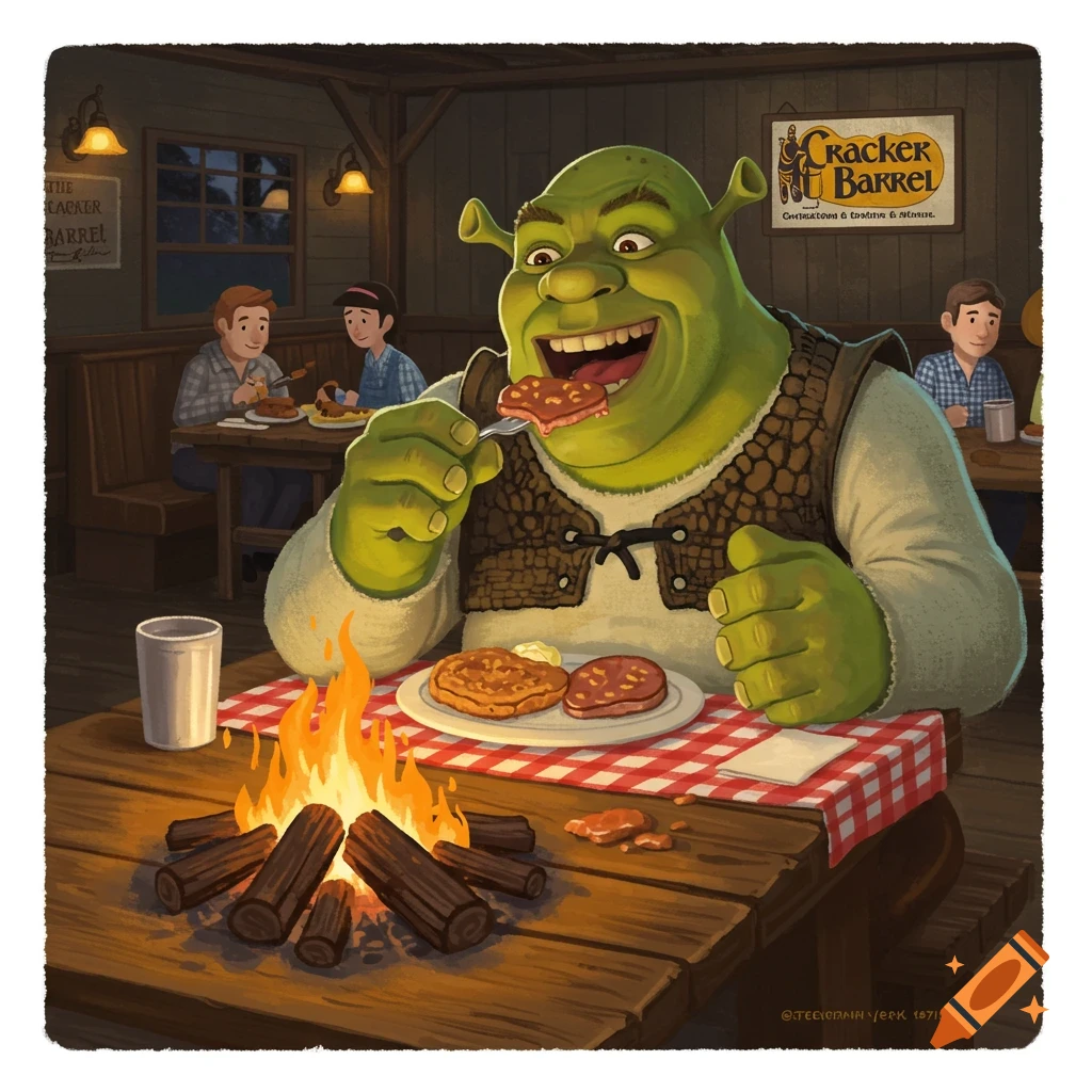Illustration of Shrek eating a meal at a Cracker Barrel restaurant. on ...