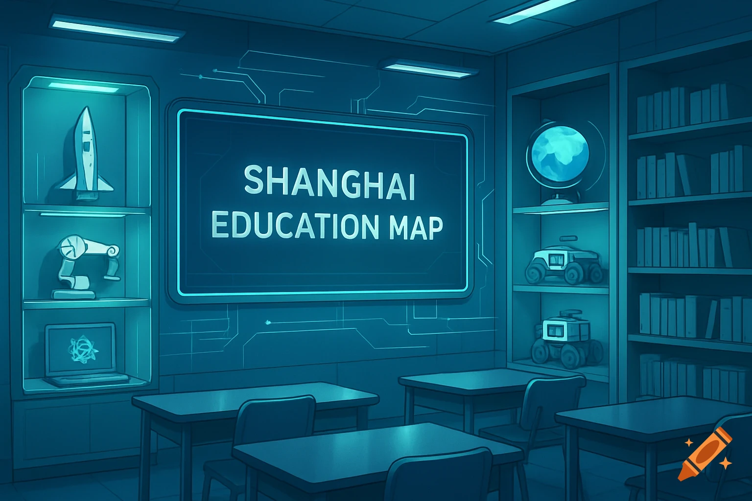 A futuristic science and technology classroom with a large screen ...