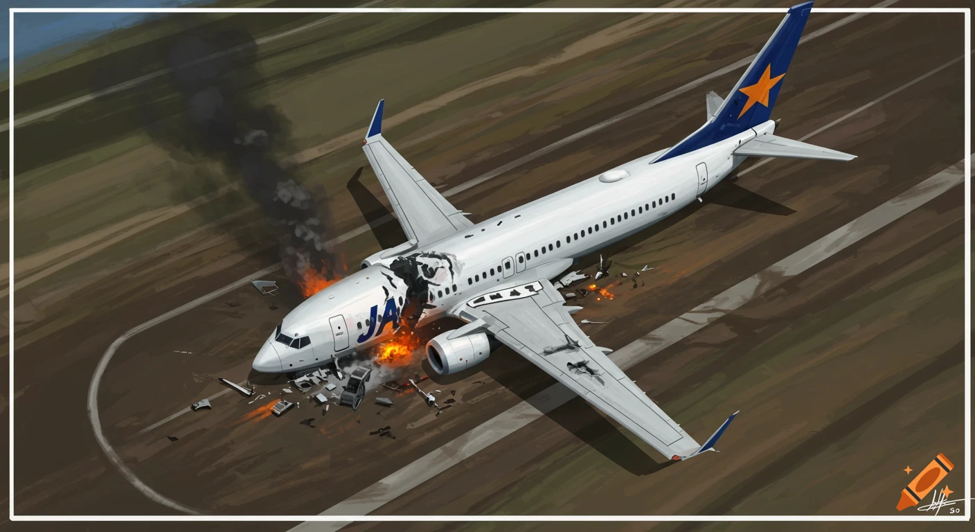 Overhead illustration of a crashed airplane on a runway with fire and ...