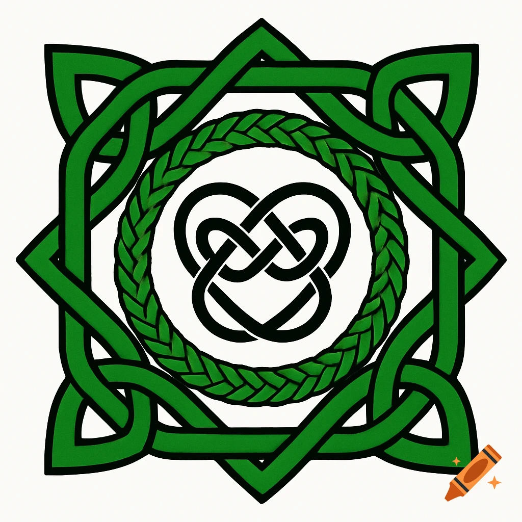 A symmetrical green and black Celtic knot design featuring a central ...
