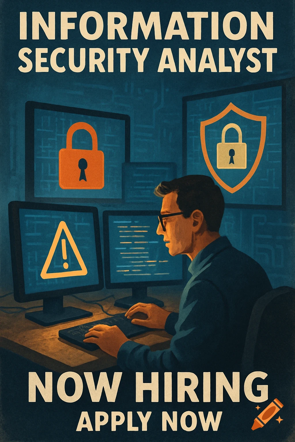 Retro-style poster for an Information Security Analyst job, showing a ...