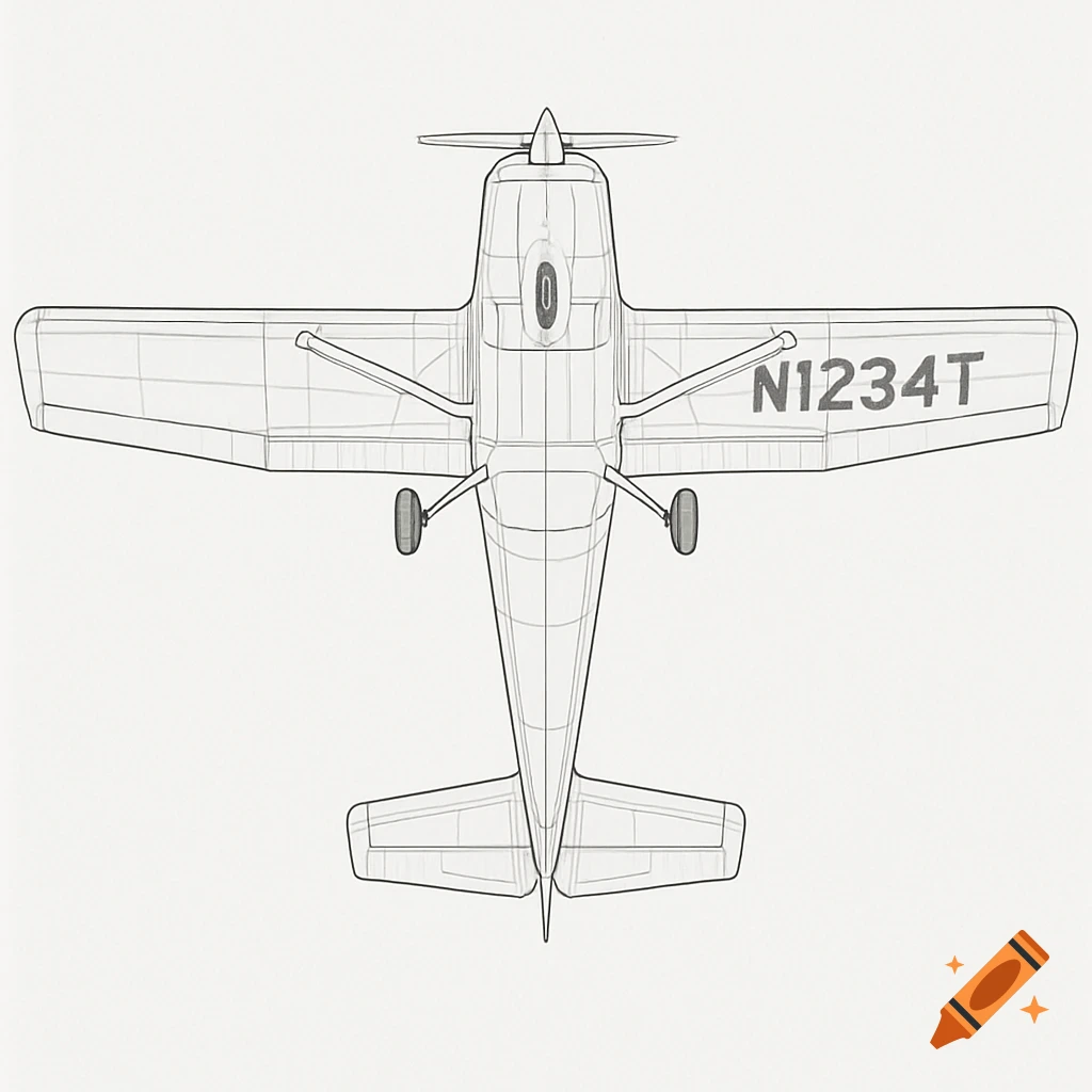 Overhead line drawing of a Cessna 172 airplane with fixed landing gear ...