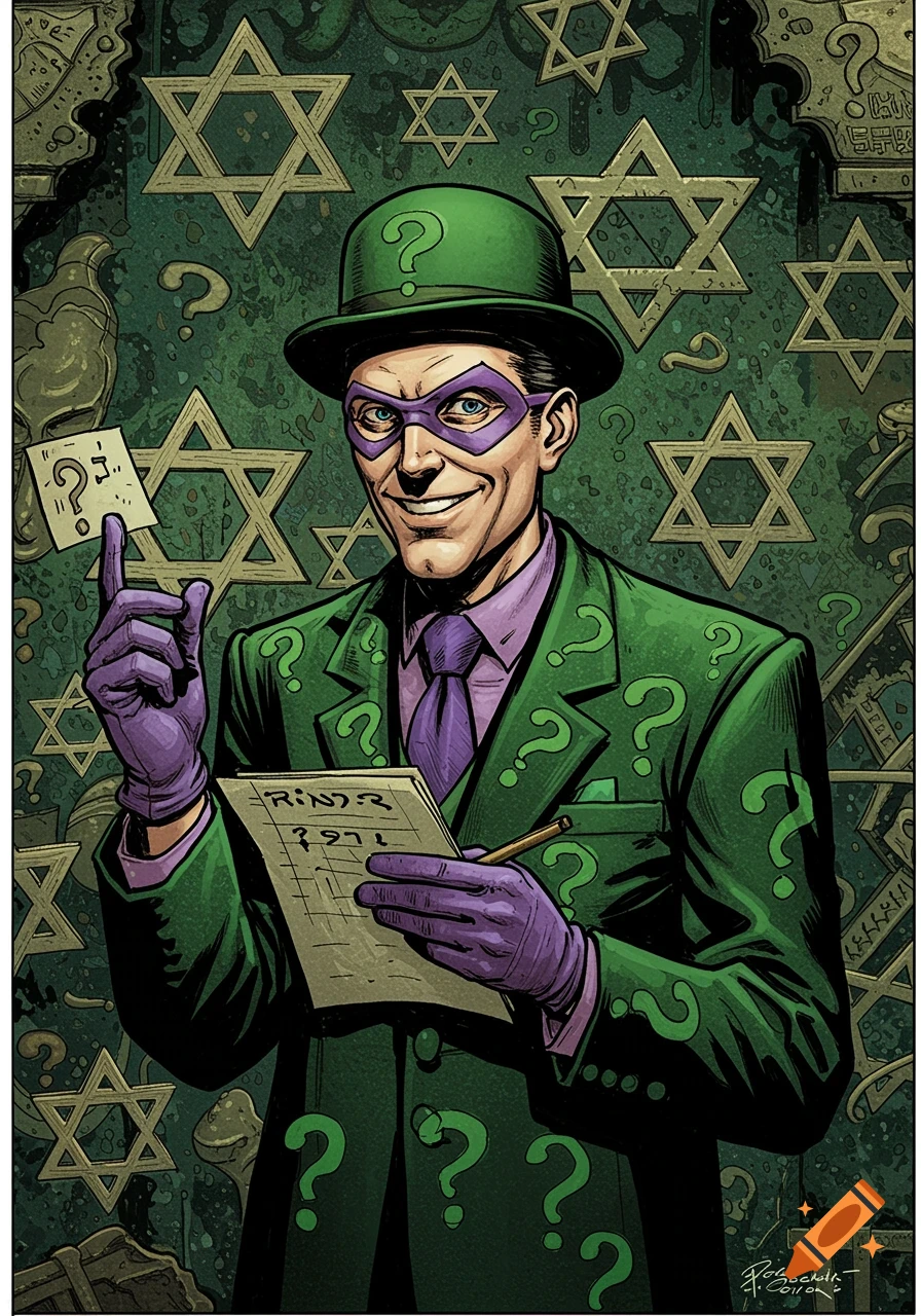A comic book illustration of The Riddler in a green suit with question ...