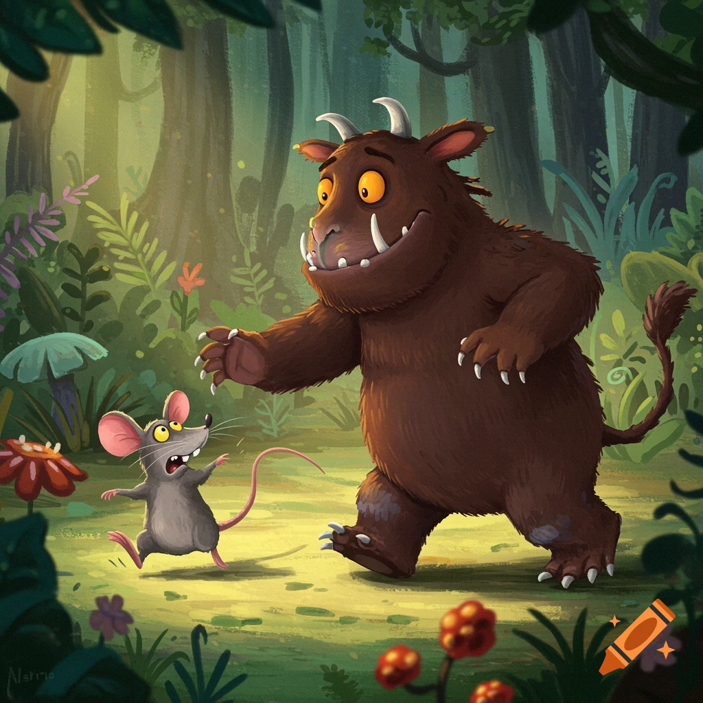 An illustration of the Gruffalo and a mouse walking through a forest ...