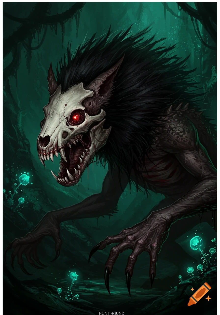 A dark fantasy illustration of a monstrous creature with a skull face, glowing red eyes, and ...