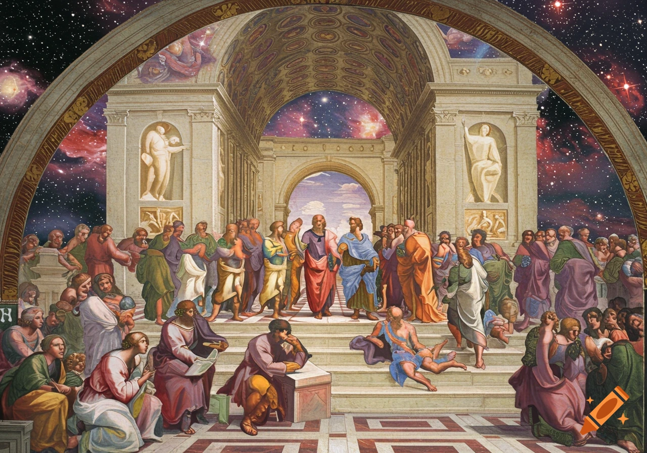 Painting of figures in classical robes gathered in a large ...