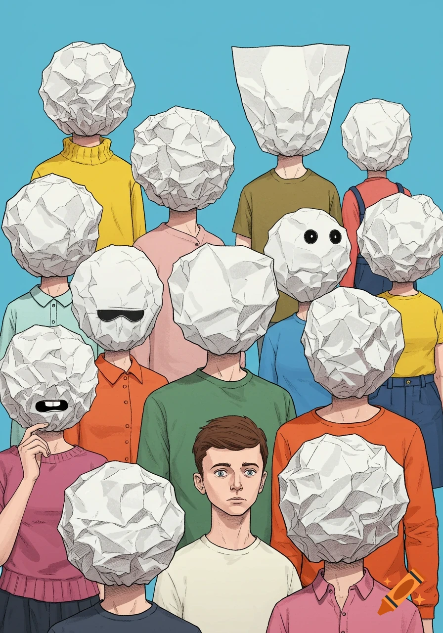 Illustration of a group of people with crumpled paper for heads, except ...
