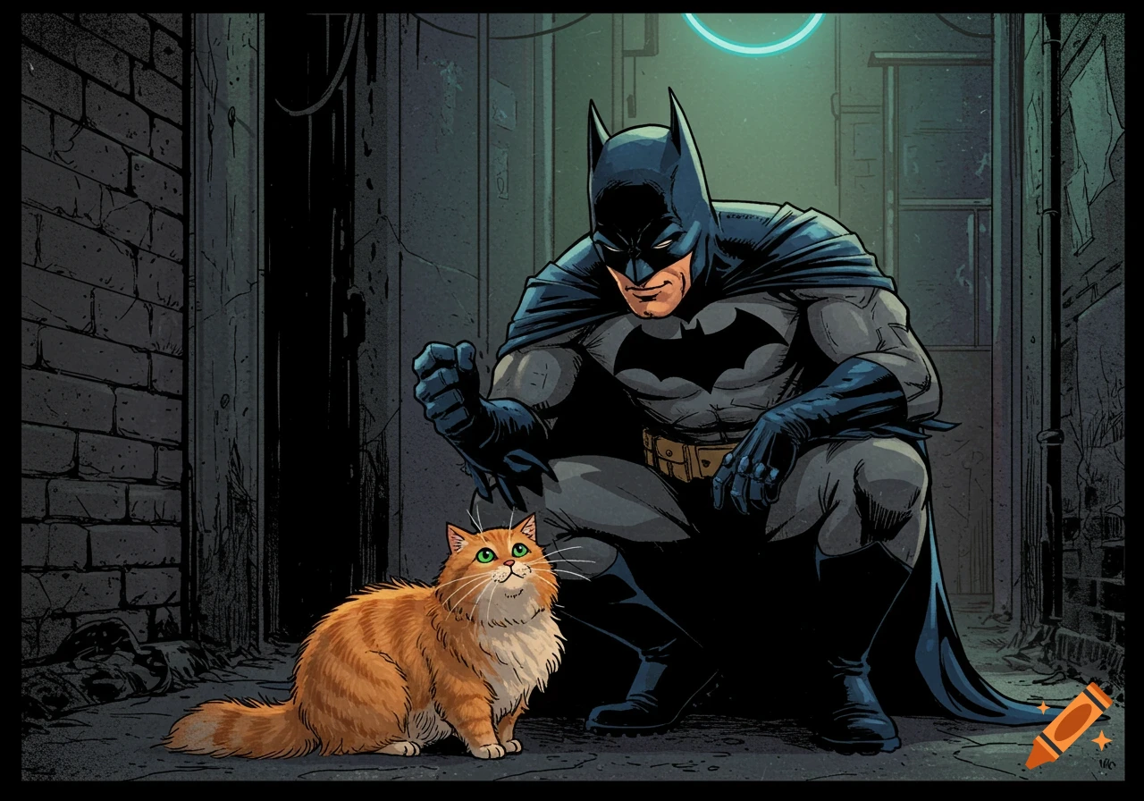 Batman crouching in a dark alley with an orange cat, comic book style ...