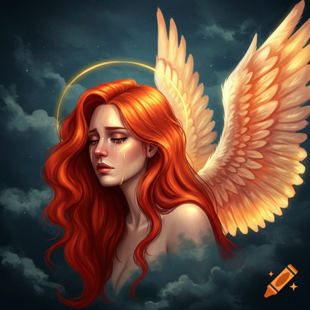 Digital painting of a crying redhead angel with wings and a halo in the ...