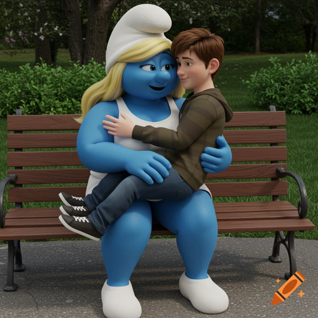 A stocky Smurfette-like character sits on a park bench holding a teenage boy on her lap in a 3D ...